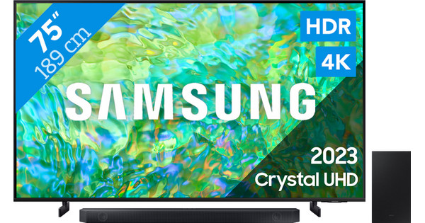 Samsung Crystal UHD 75CU8000 (2023) + Soundbar - Coolblue - Voor 23.59u, morgen in huis