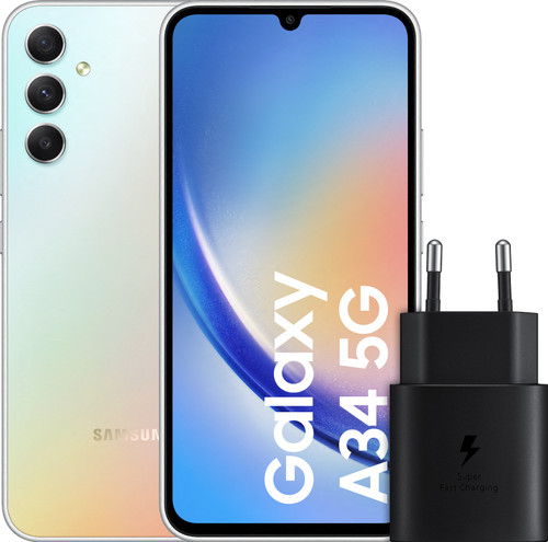 Samsung Galaxy A34 128GB Zilver 5G + Samsung Snellader Zwart - Mobiele ...