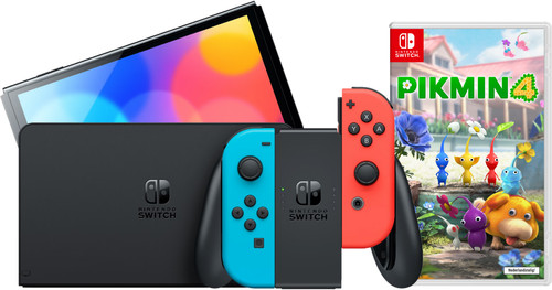 Nintendo Switch OLED Rood/Blauw + Pikmin 4 - Coolblue - Voor 23.59u ...
